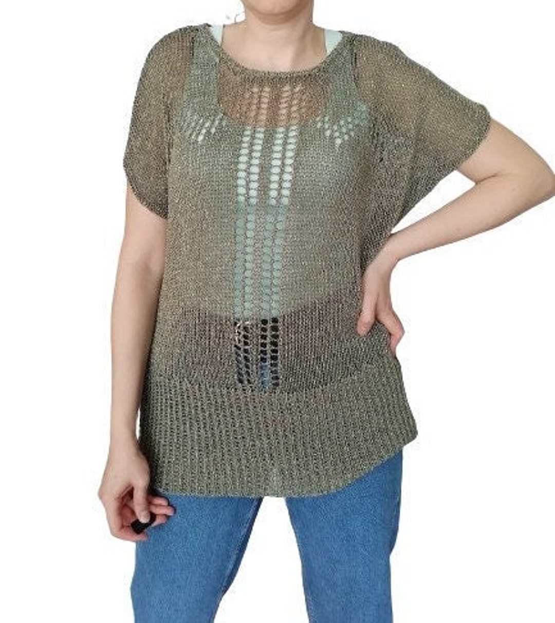 Vintage Knitted Blouse Fishnet Knit Brown Golden Top Boho Knitted ...