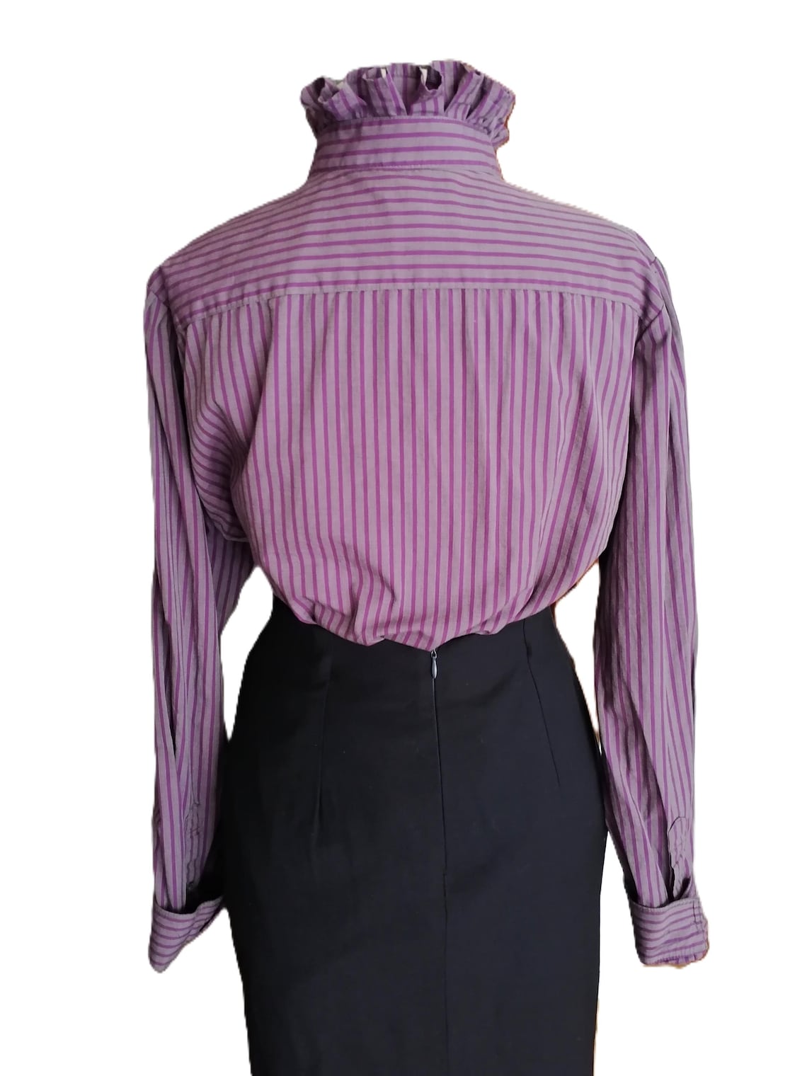 Vintage Ruffle Collar Blouse, Gray/purple Striped Button Down Blouse ...