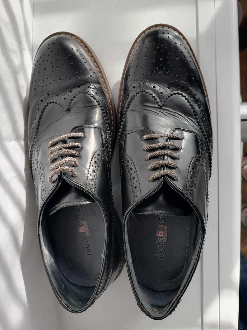 Vintage Italian Black Leather Wingtip Oxford Shoes Size 40 EU Brogue ...