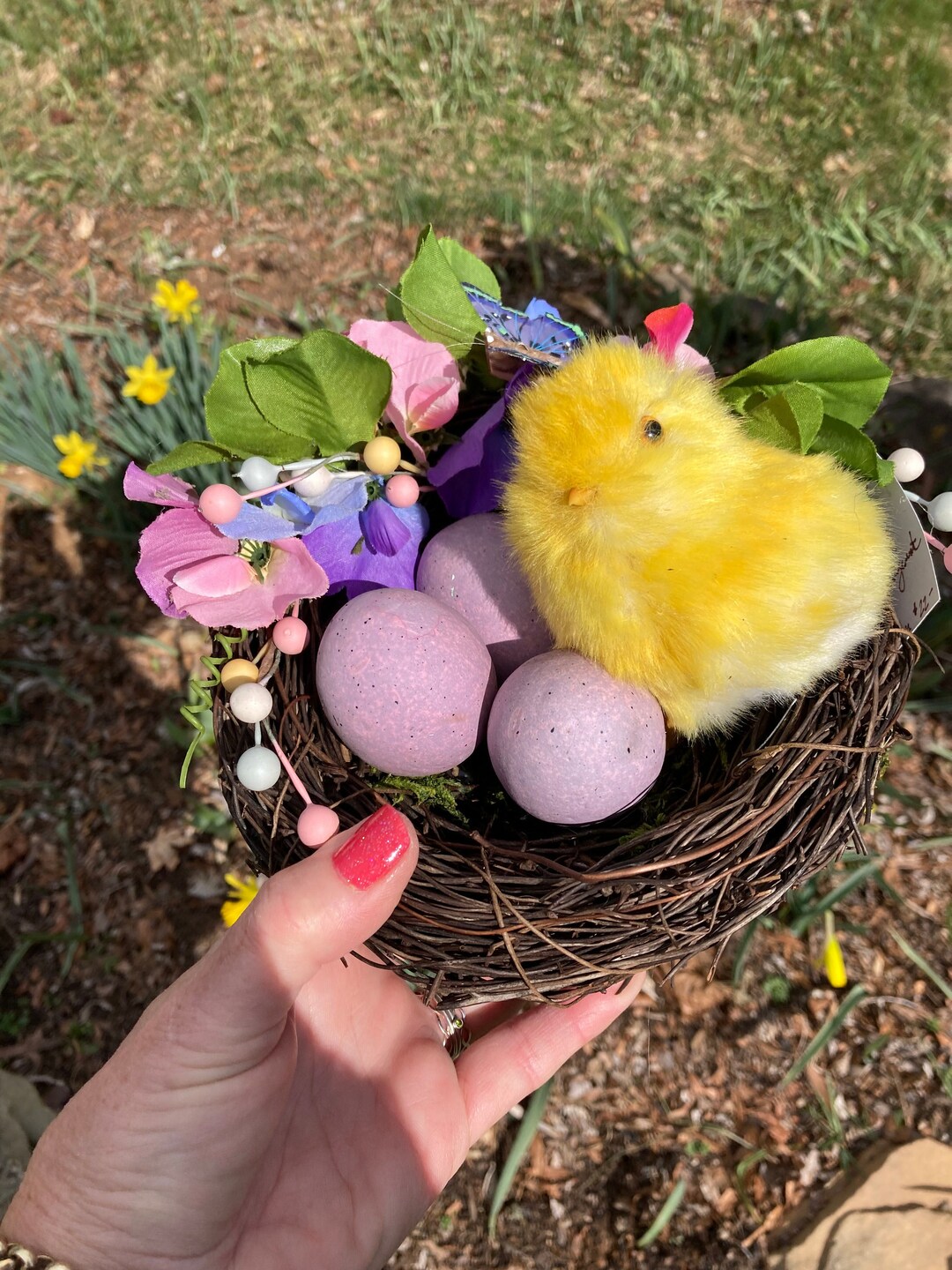 Easter Peep in Nest Arrangement Spring Decoration Fuzzy Chick and Eggs ...