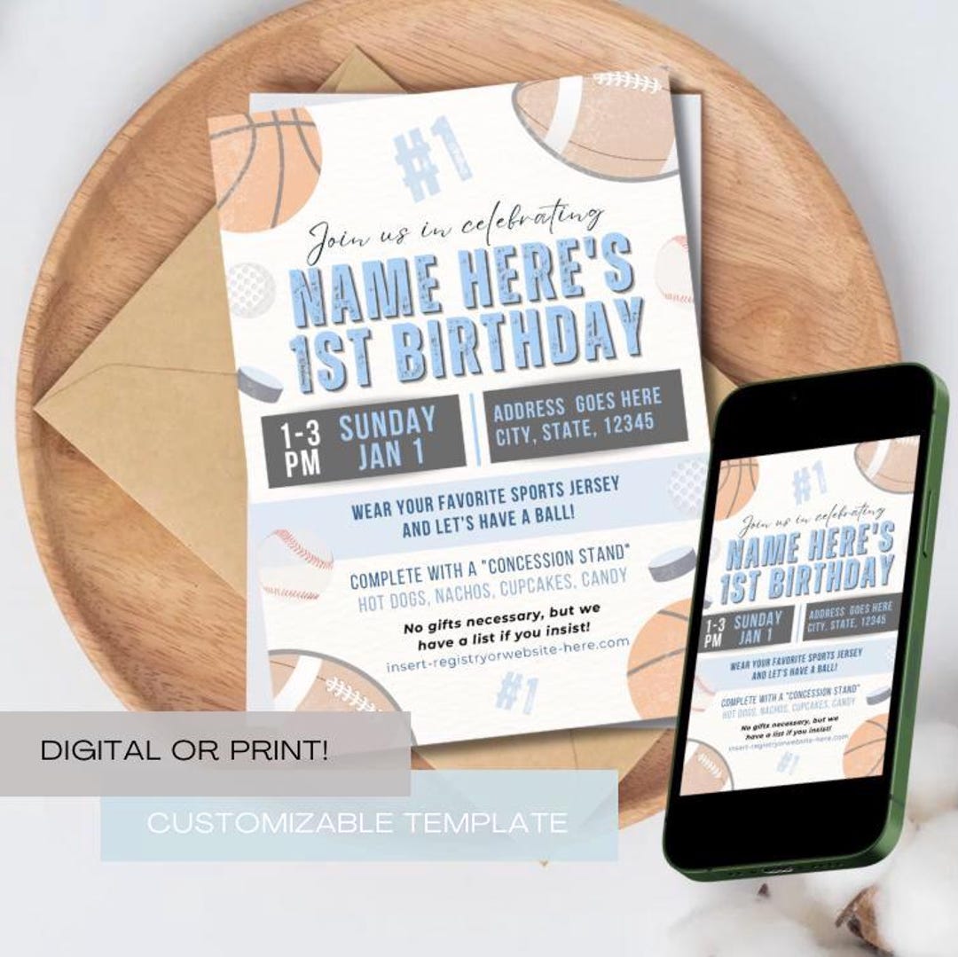 Sports Themed 1st Birthday Invitation, First Birthday Invite, Editable ...