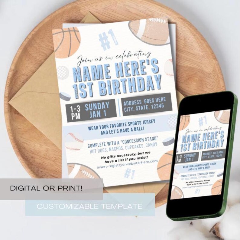 Sports Themed 1st Birthday Invitation, First Birthday Invite, Editable ...