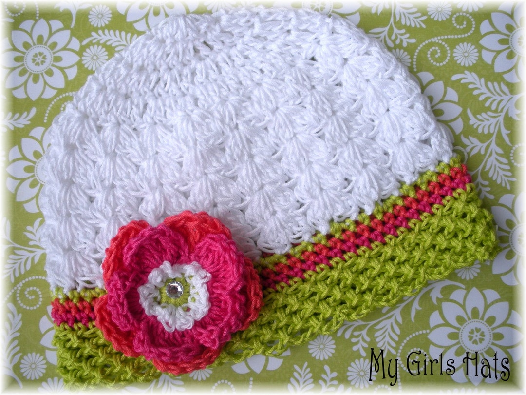 Tuti Fruti-colorful White-coral-hot Pink-lime Green Crochet Hat-crochet ...