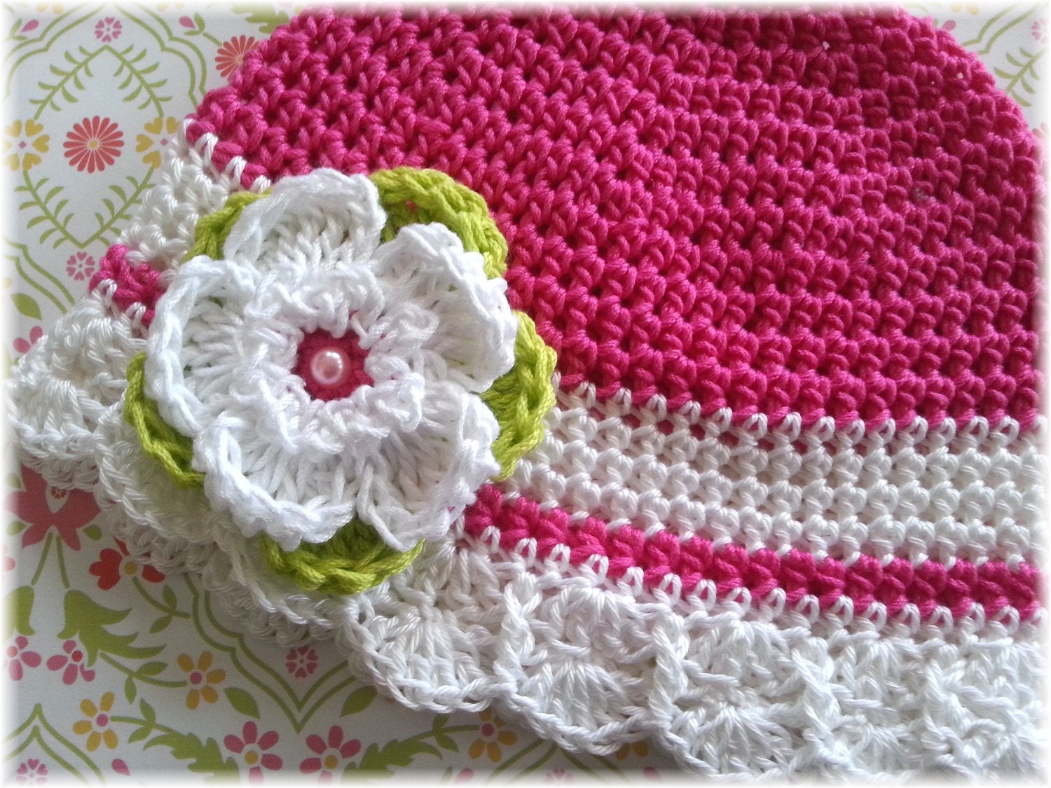 Pink Posey2-hot Pink-white Striped Crochet-crochet Flower Clip-vintage ...