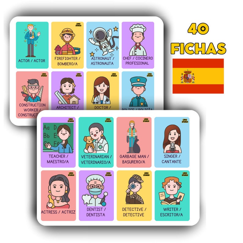 Fichas Vocabulario PROFESIONES EN ESPAÑOL - Etsy España