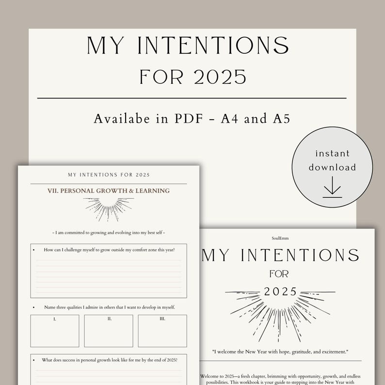My Intentions for 2025, New Year Journal, New Year Resolutions, Printable Digital Workbook ...