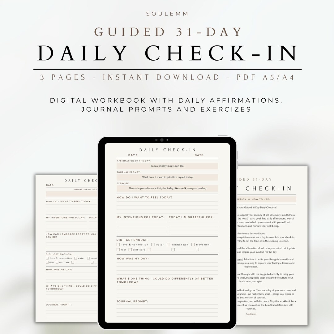 Daily Check-in, Printable Digital Workbook, Daily Check-in Workbook ...
