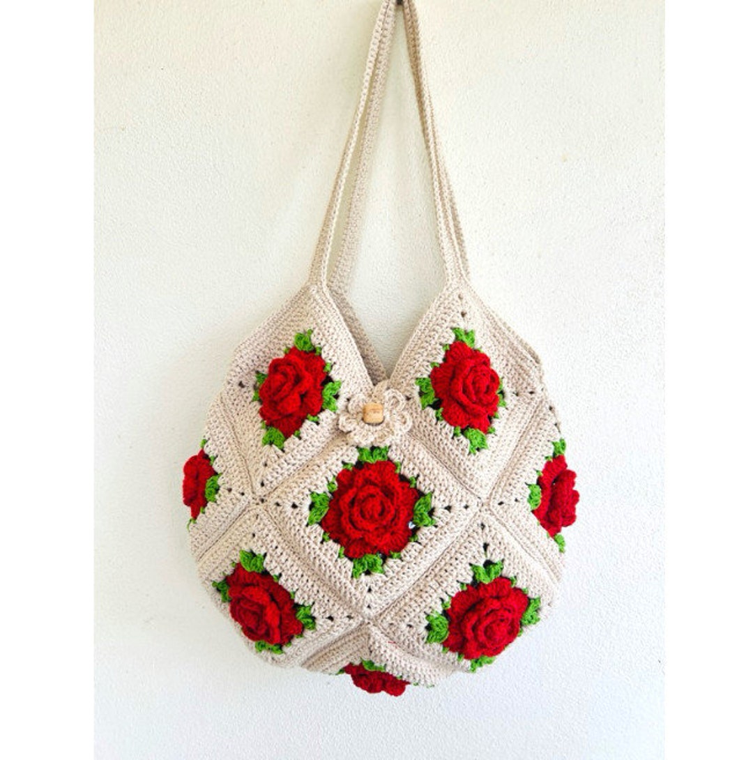 Rose Granny Square Crochet Bag Slouchy Shoulder Bag - Etsy