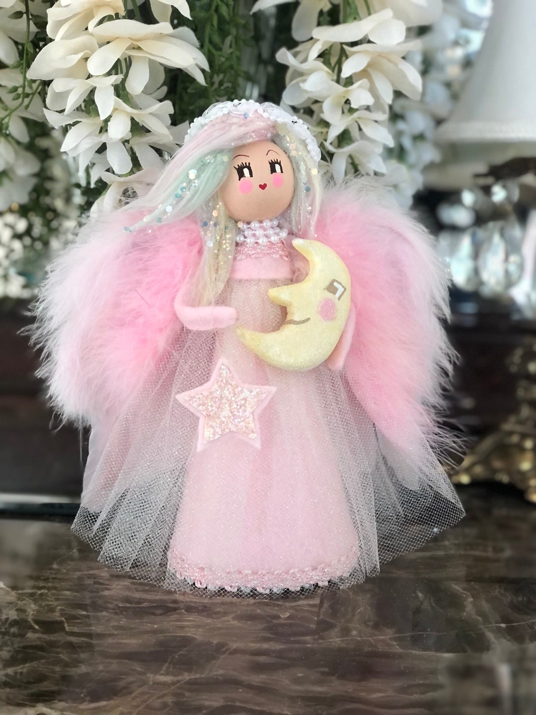 Angel Tree Topper Moon and Star Vintage Retro Style Pastel - Etsy