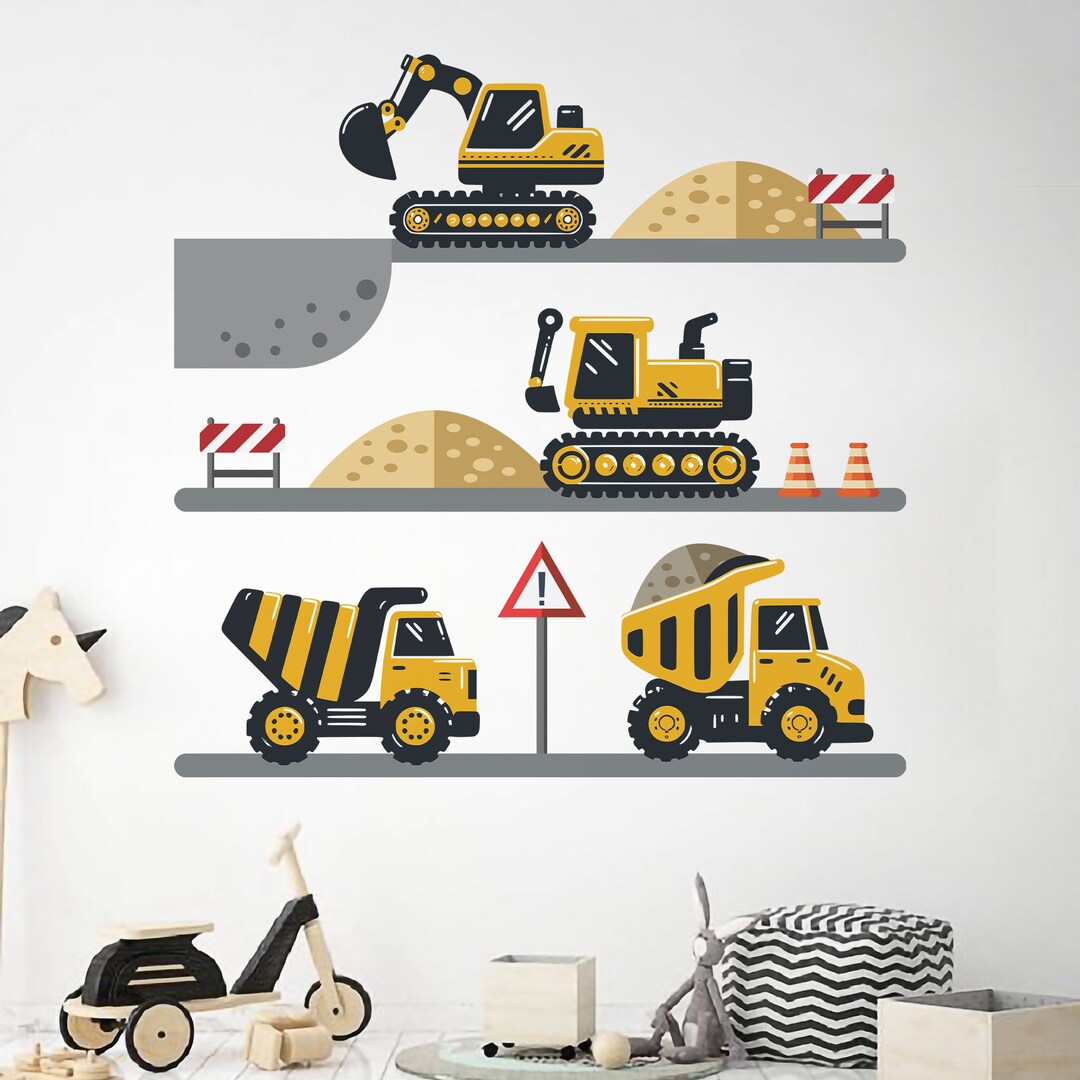 Construction Truck Wall Decal Dump Truck Crane Wall Sticker Yellow ...