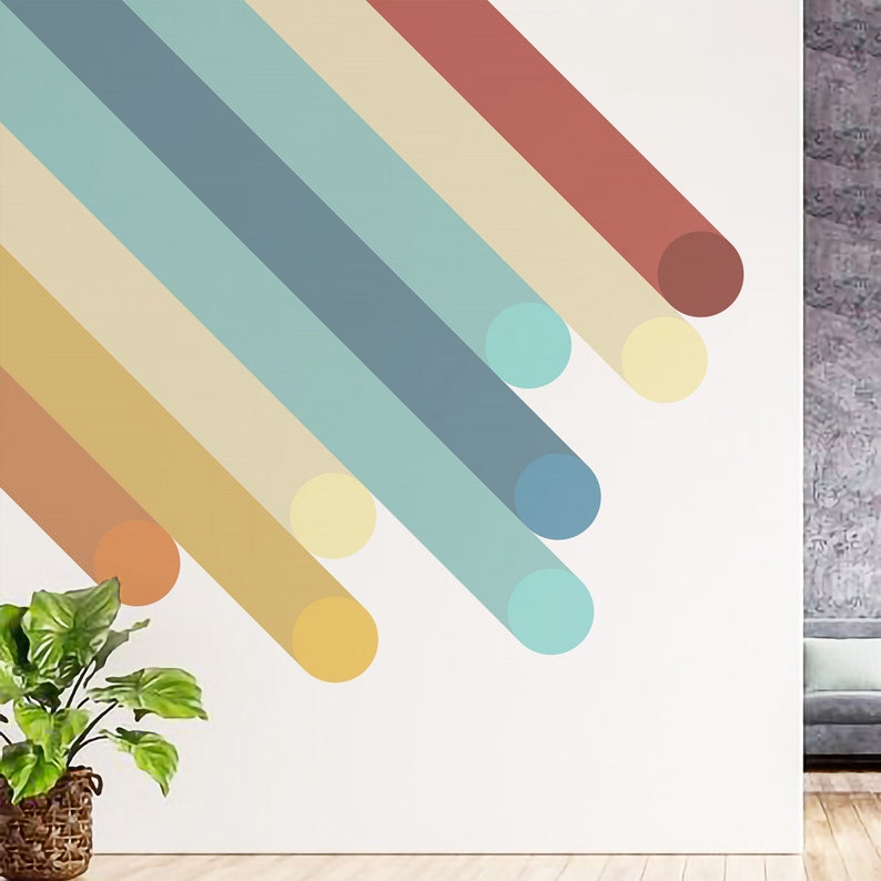 Retro Stripe Wall Decal Colorful Strips Wall Art Round Bar Wall Sticker ...