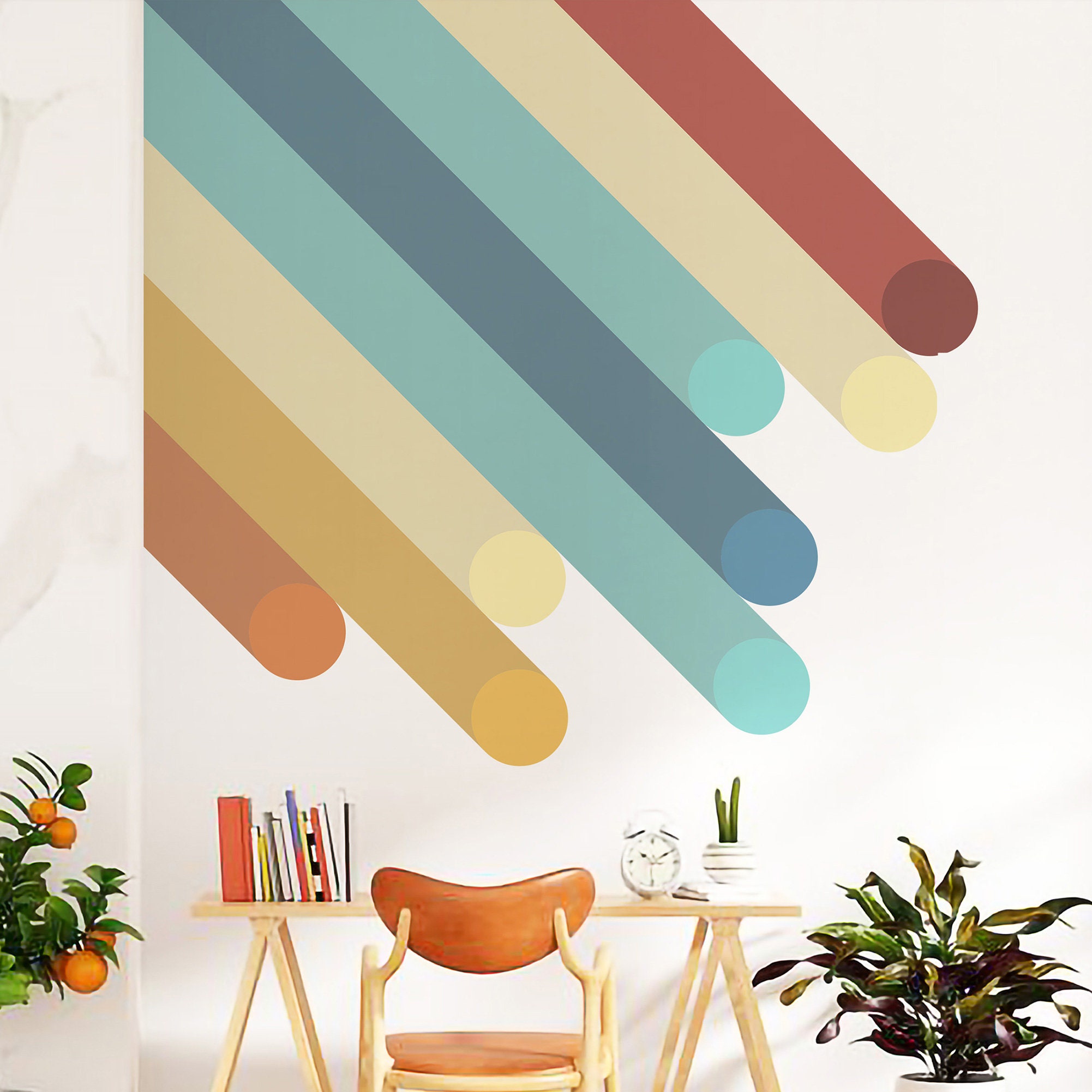 Retro Stripe Wall Decal Colorful Strips Wall Art Round Bar Wall Sticker ...