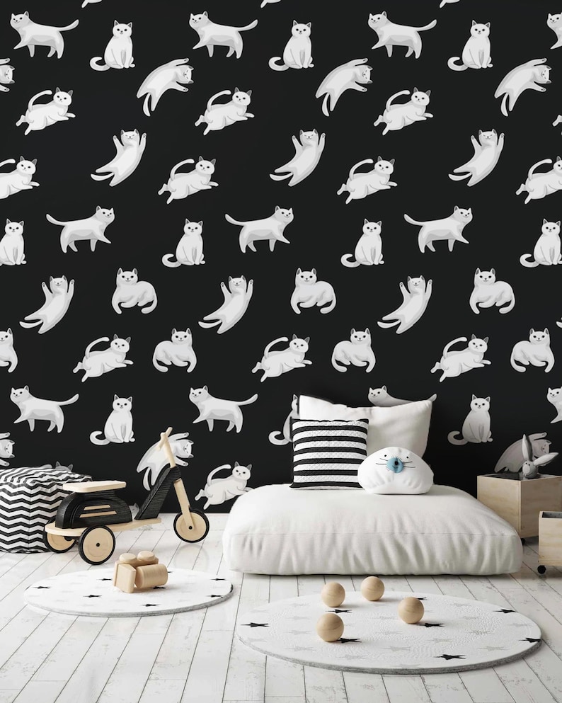 White Cat Wallpaper White Cat Wall Decal Kitty Wall Sticker Black and ...