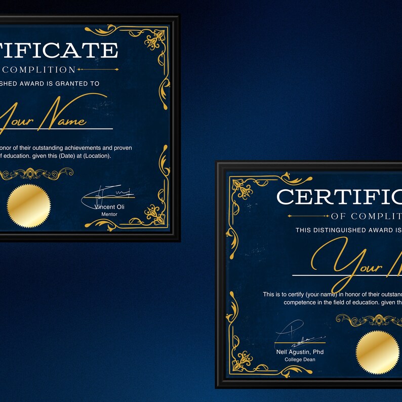 Customizable Elegant Blue Gold Digital Certificate Professional Award ...