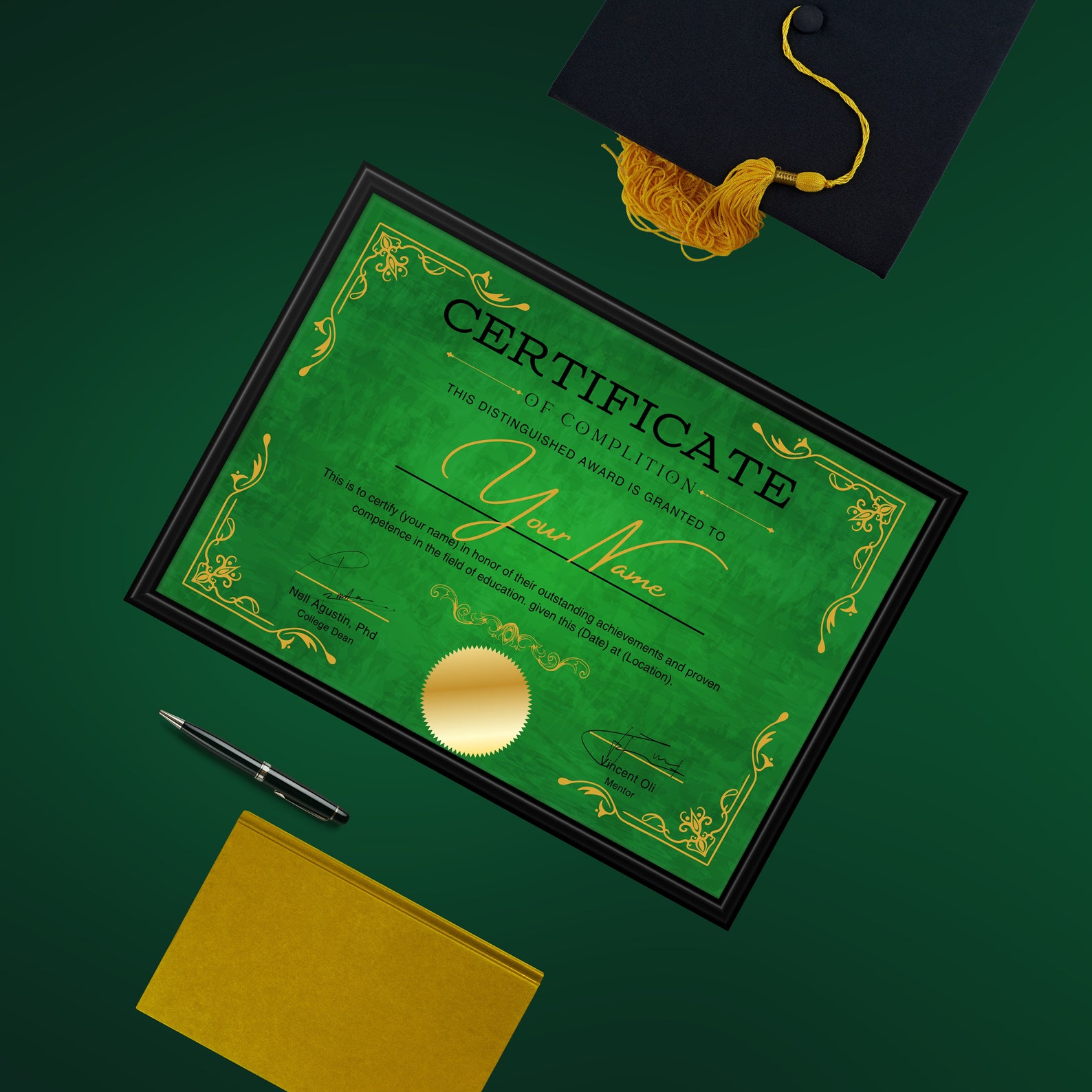Customizable Diploma Green Gold Digital Certificate Professional Award ...