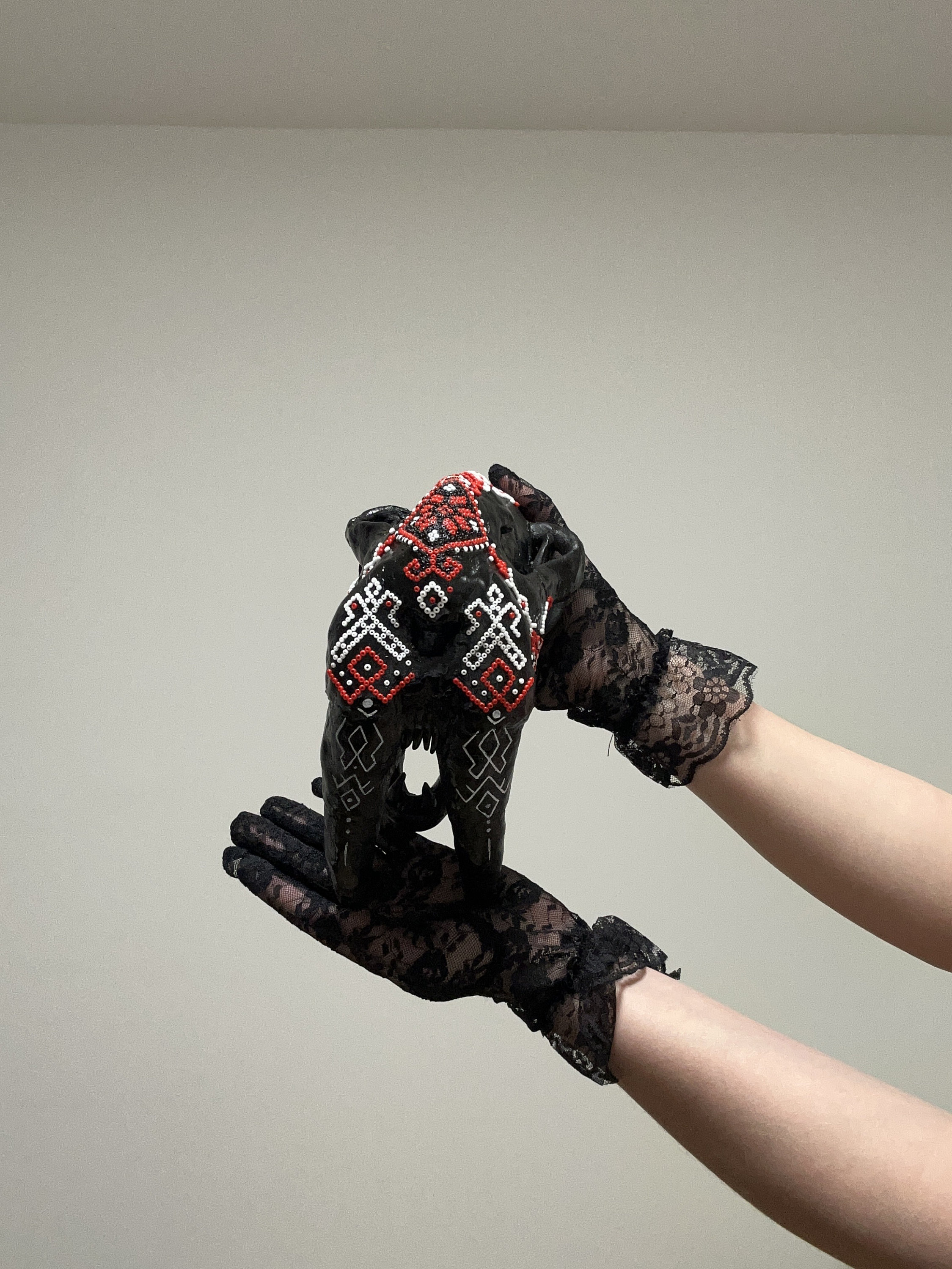 Saber-toothed Tiger Skull Sculpture in Black With Beads Ornament - Etsy