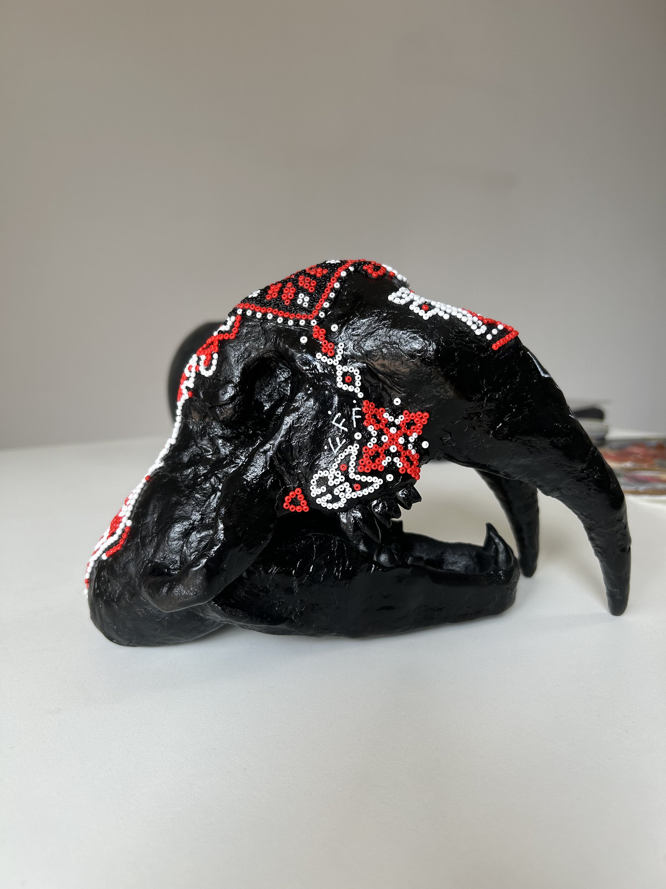 Saber-toothed Tiger Skull Sculpture in Black With Beads Ornament - Etsy