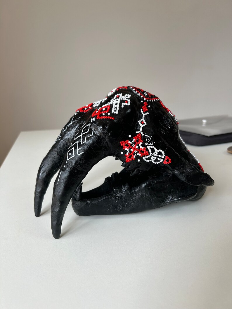 Saber-toothed Tiger Skull Sculpture in Black With Beads Ornament - Etsy