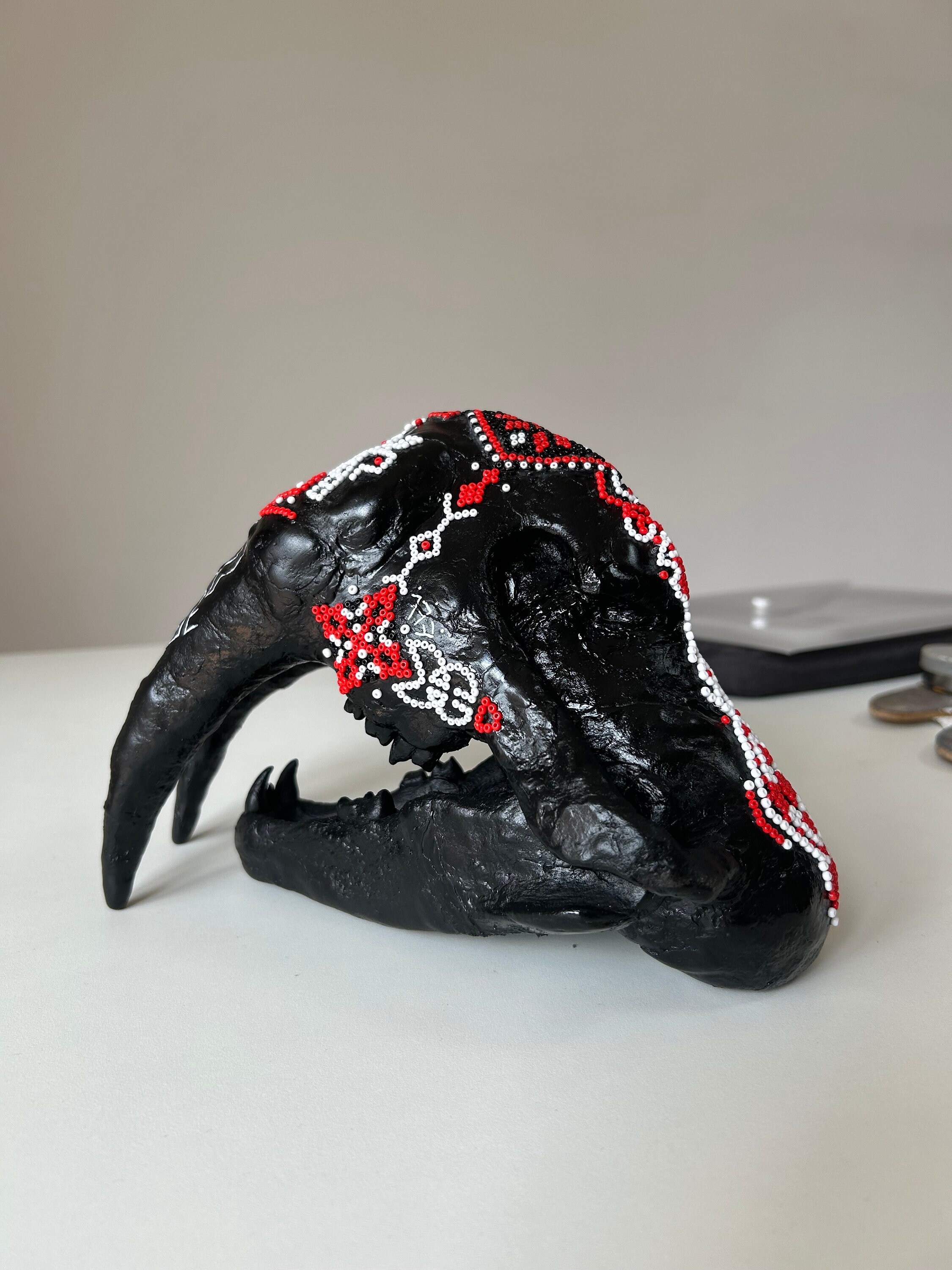 Saber-toothed Tiger Skull Sculpture in Black With Beads Ornament - Etsy