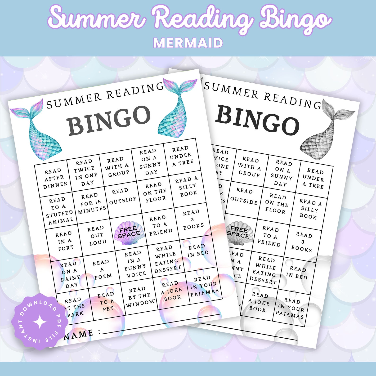 Mermaid Summer Reading Bingo for Kids: Printable Book Tracker (digital ...