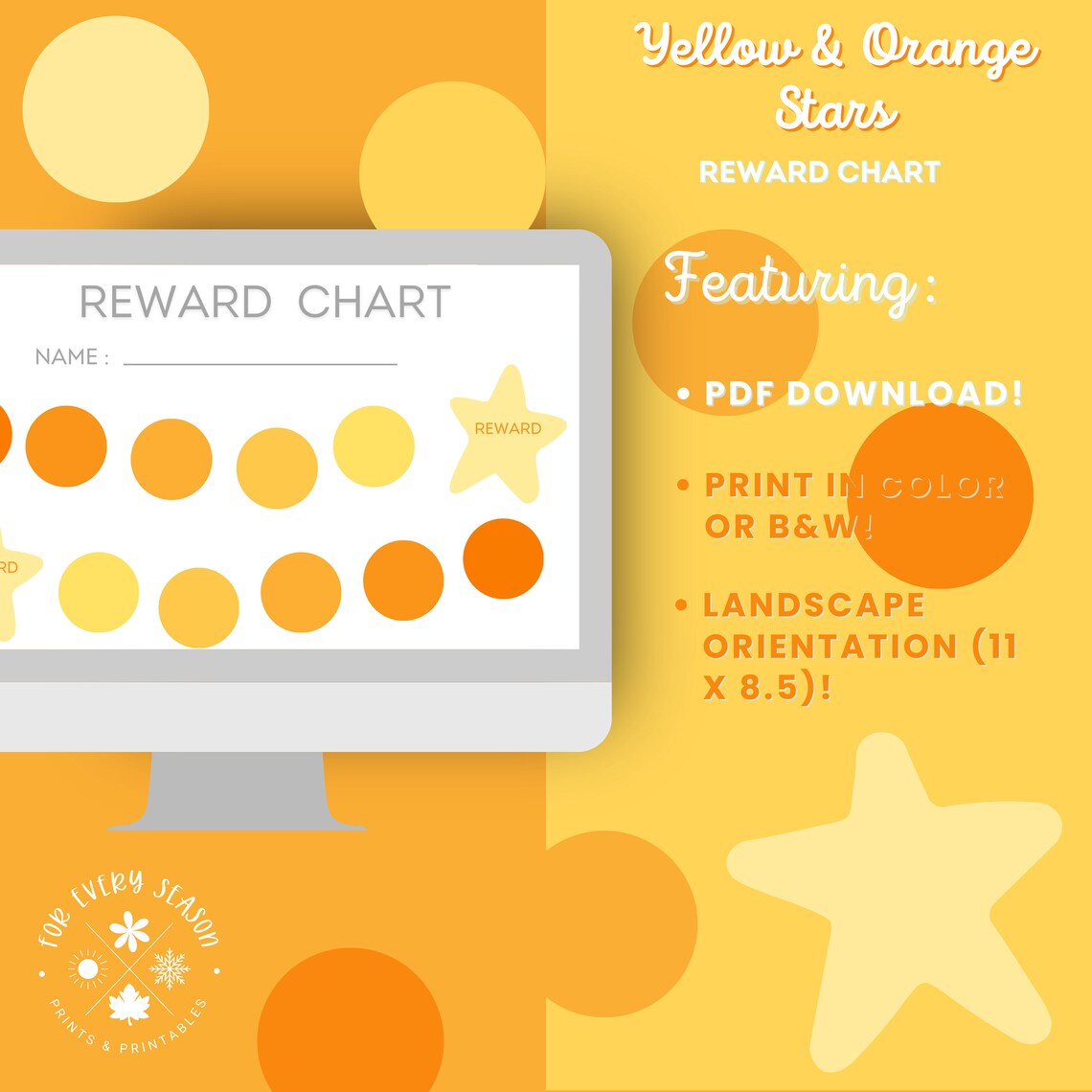 Kids Reward Chart: Toddler Chore Chart, Yellow & Orange Stars (digital ...