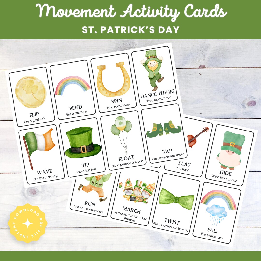 Movement Flash Cards, St. Patrick's Day Movement Cards, Flash Cards, St ...