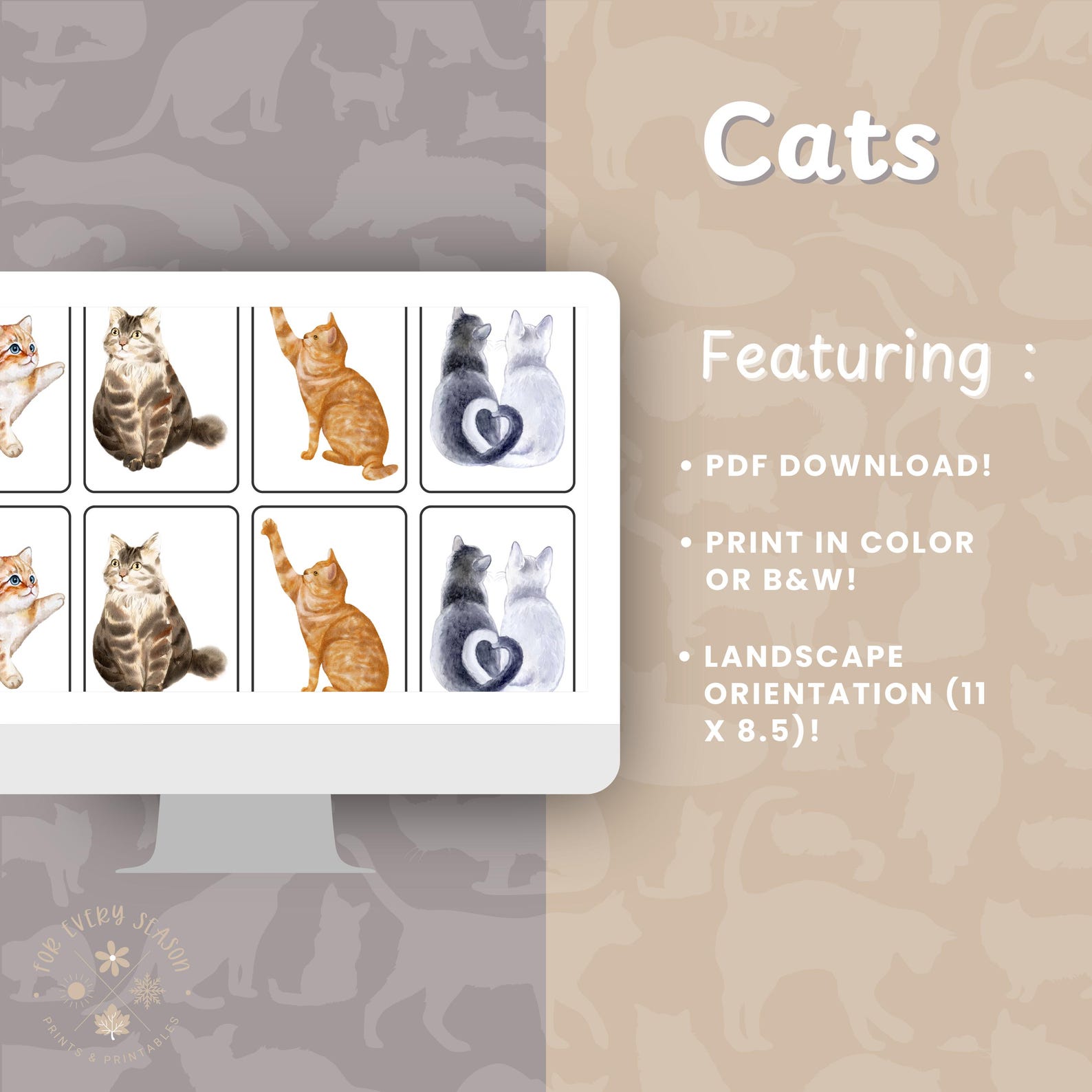 Cats Memory Matching Game: Printable Flash Cards for Kids (digital ...
