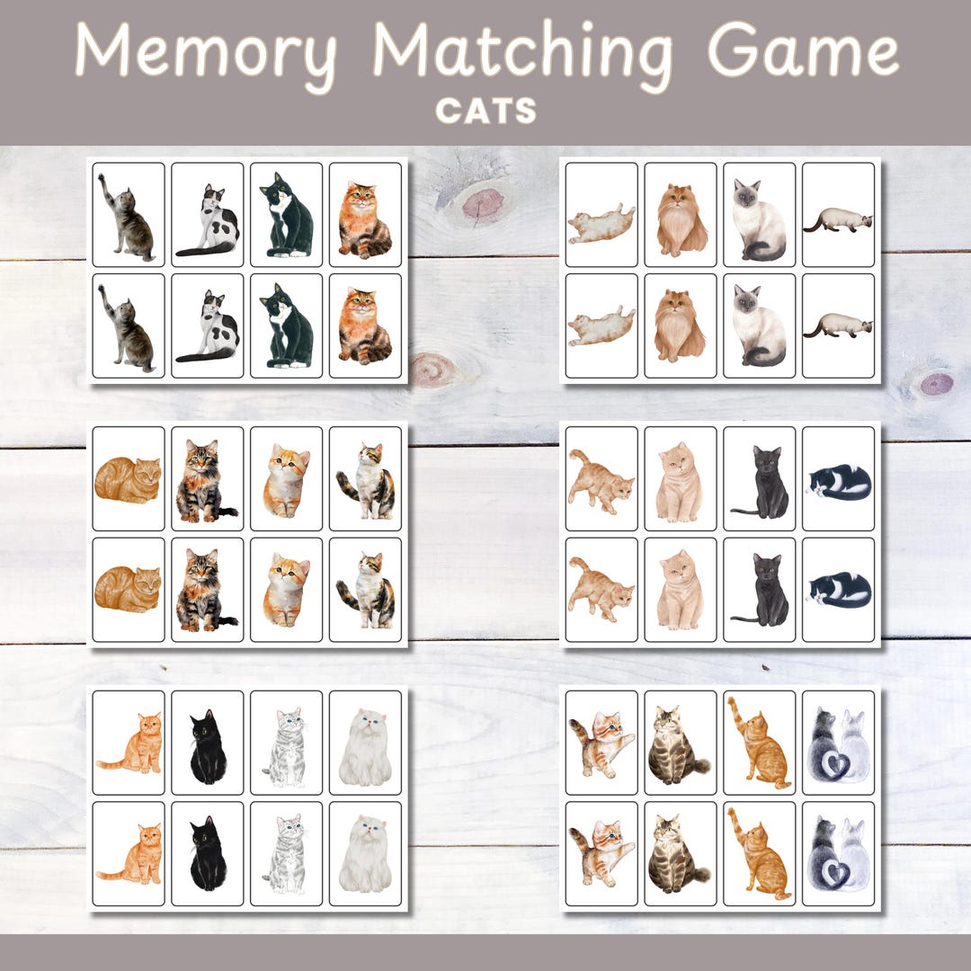 Cats Memory Matching Game: Printable Flash Cards for Kids (digital ...