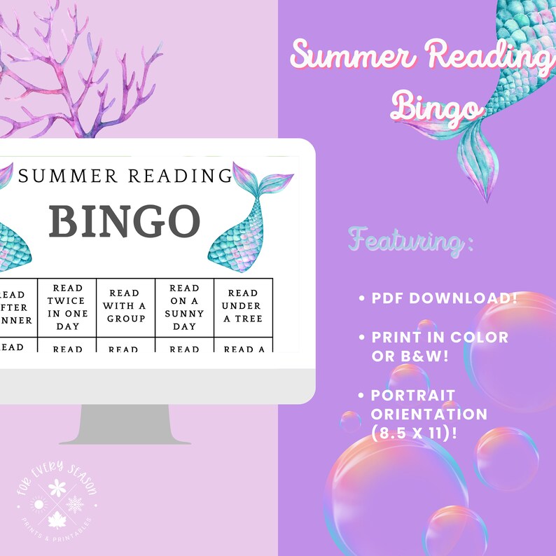 Mermaid Summer Reading Bingo for Kids: Printable Book Tracker (digital ...