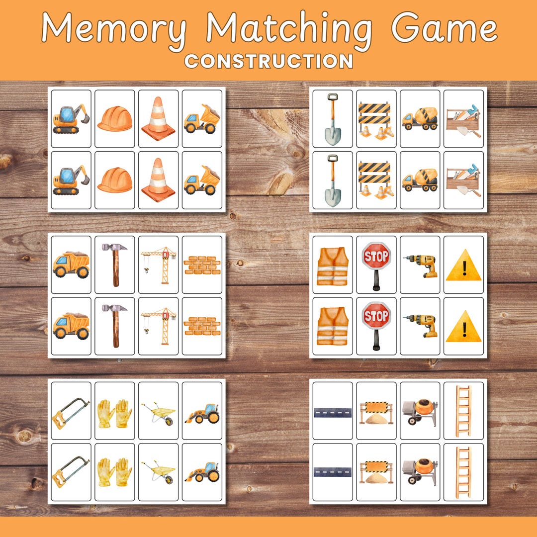Construction Memory Matching Game, Memory Card, Flash Cards Kids ...