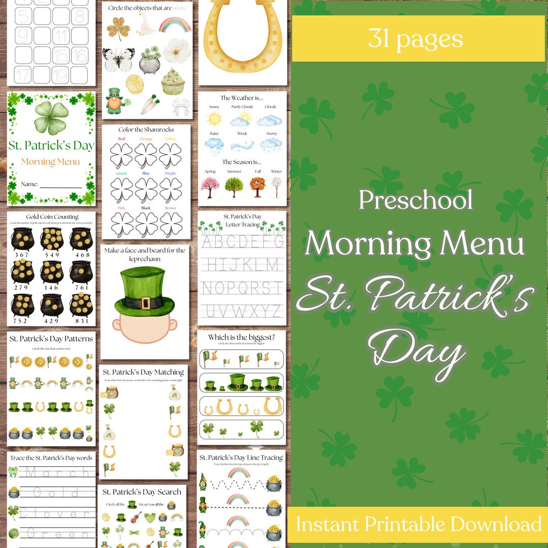 St. Patrick's Day Morning Menu: Prek Activity Book (digital Download ...