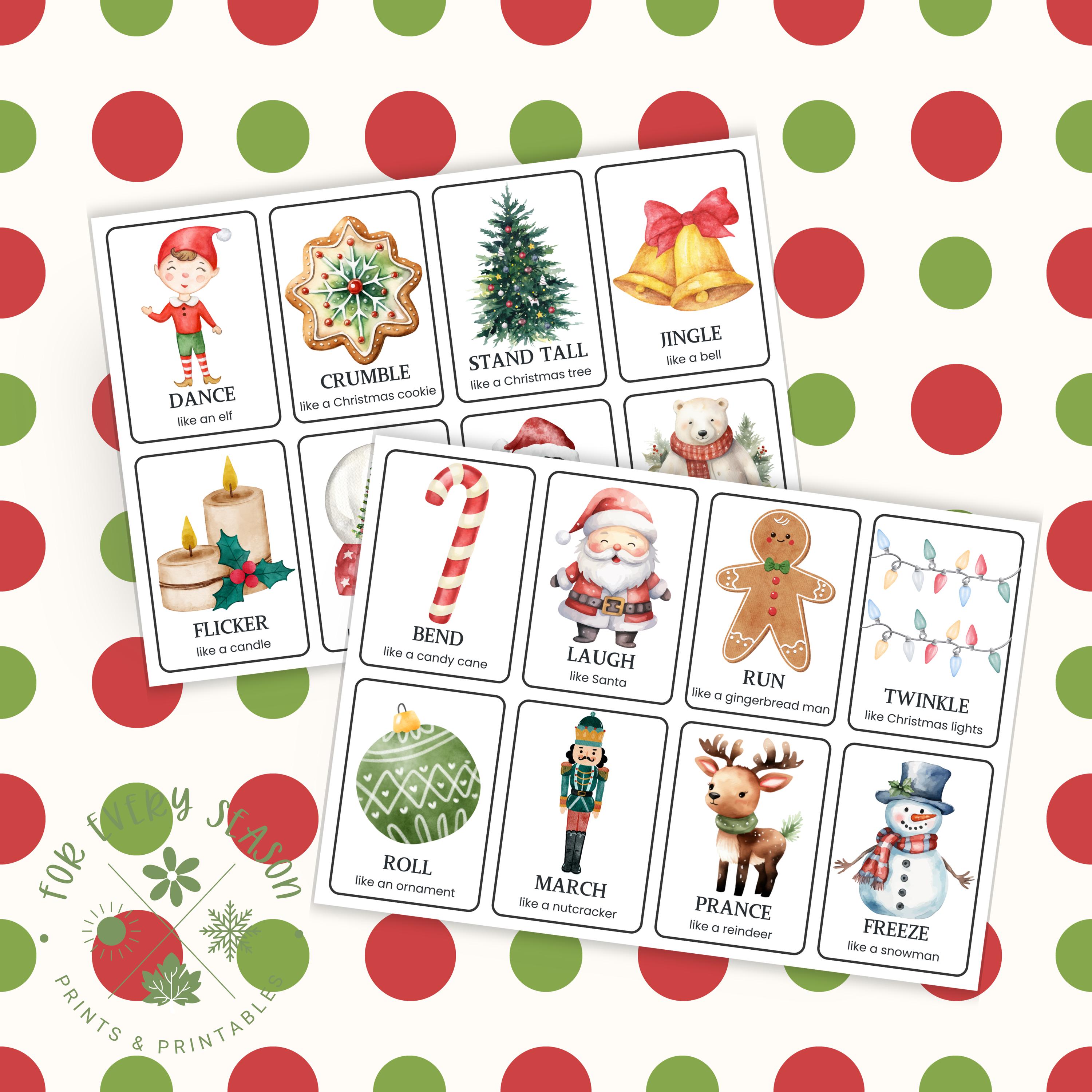 Movement Flash Cards, Christmas Movement Cards, Flash Cards, Flash ...