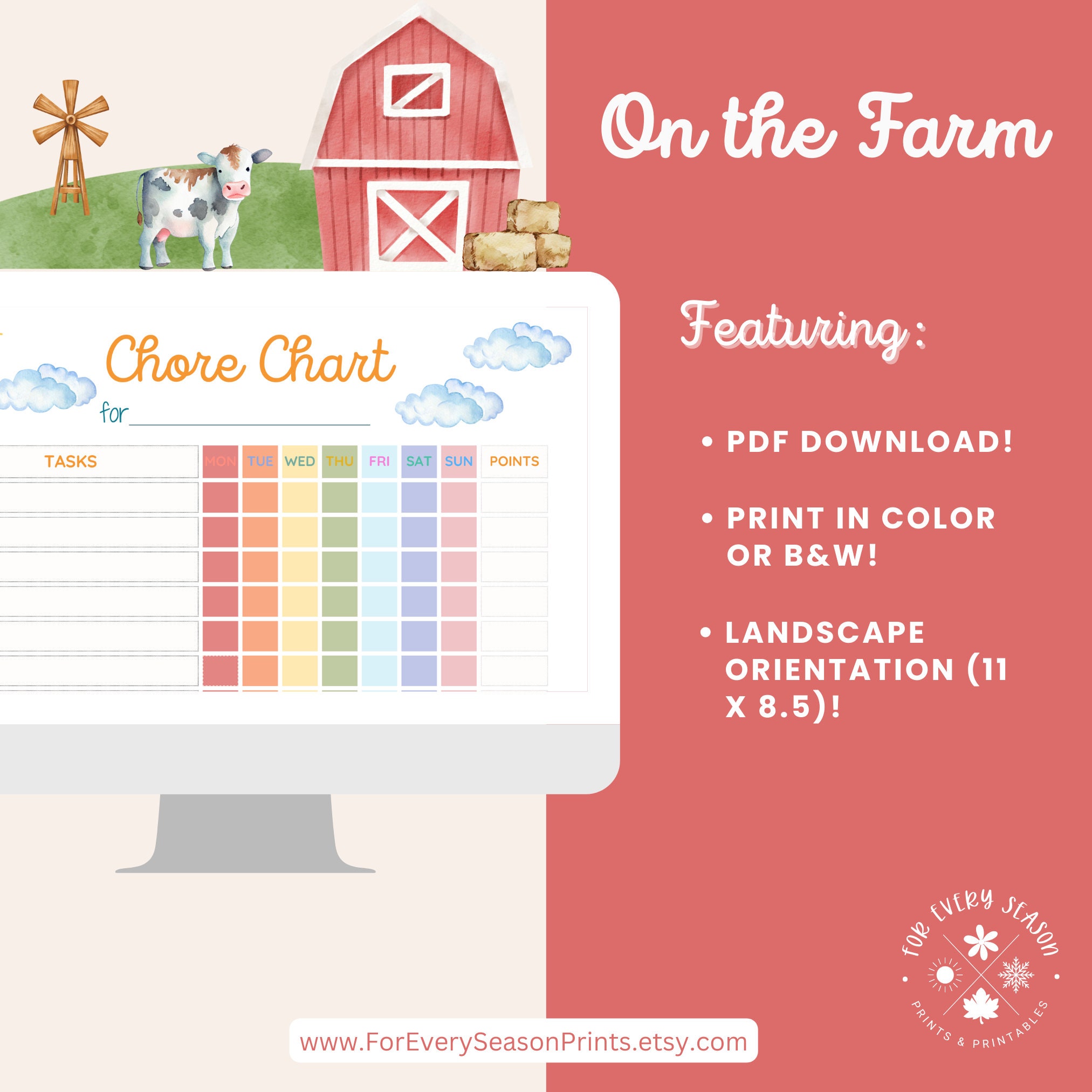 Printable Kids Chore Chart: Farm Theme, Weekly Routine (digital ...