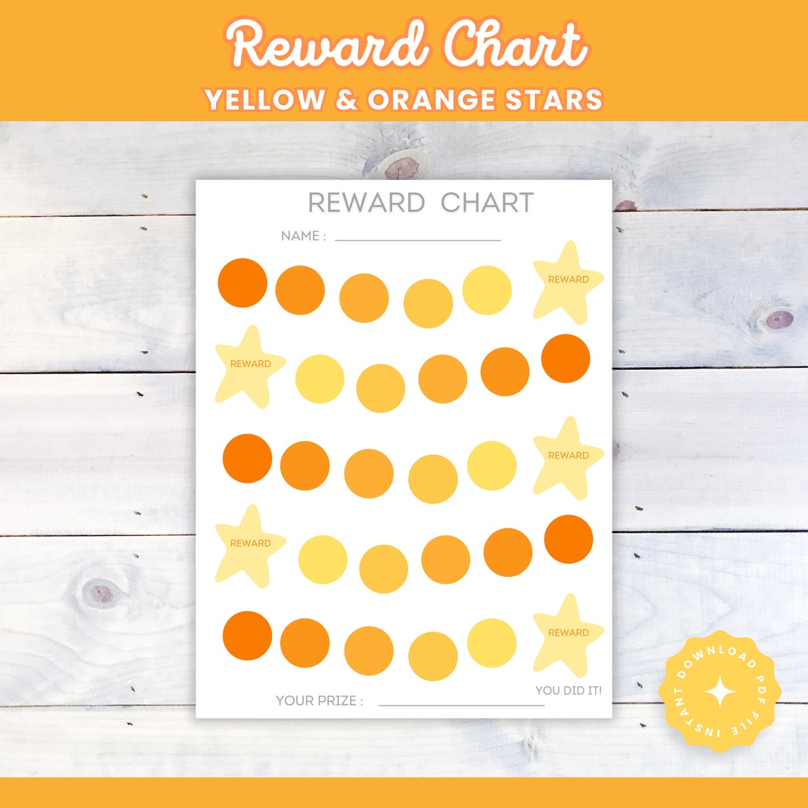 Kids Reward Chart: Toddler Chore Chart, Yellow & Orange Stars (digital ...