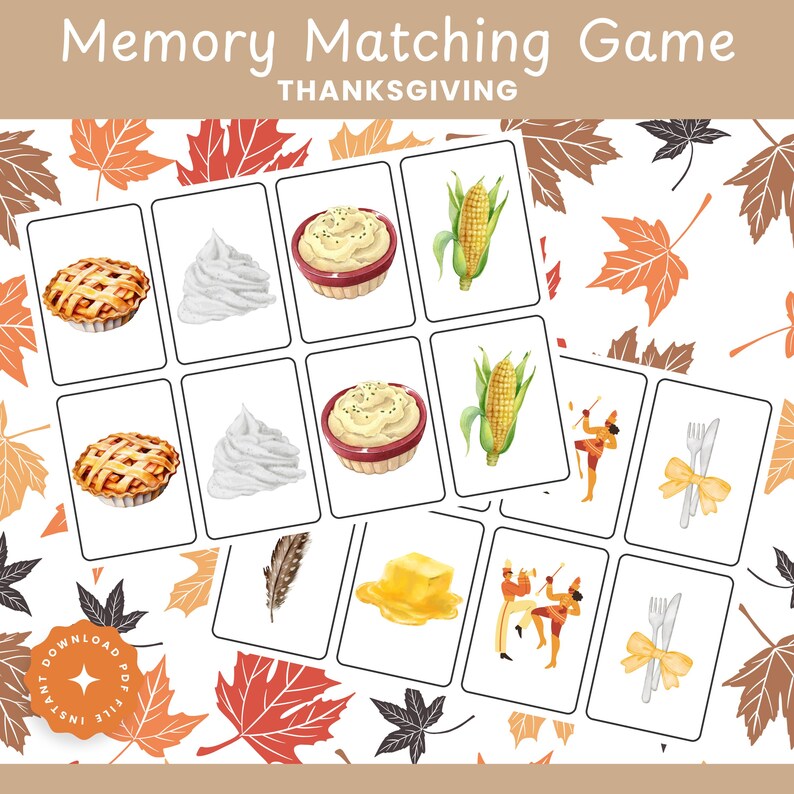 Thanksgiving Memory Matching Game: Printable Preschool Activity ...