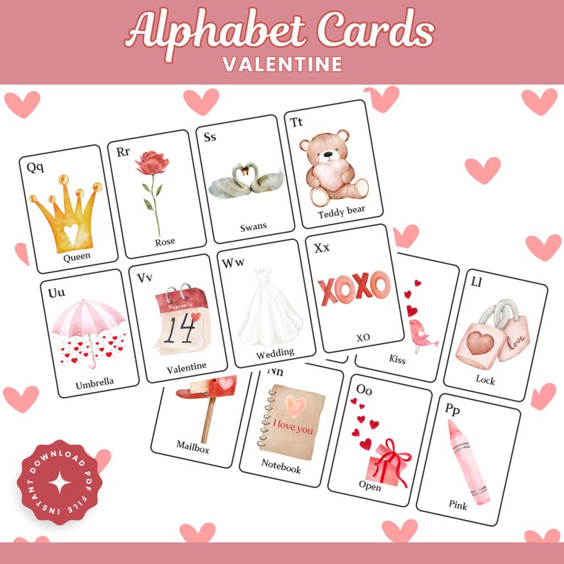 Valentine Alphabet Flash Cards: Kids Learning Game (digital Download ...