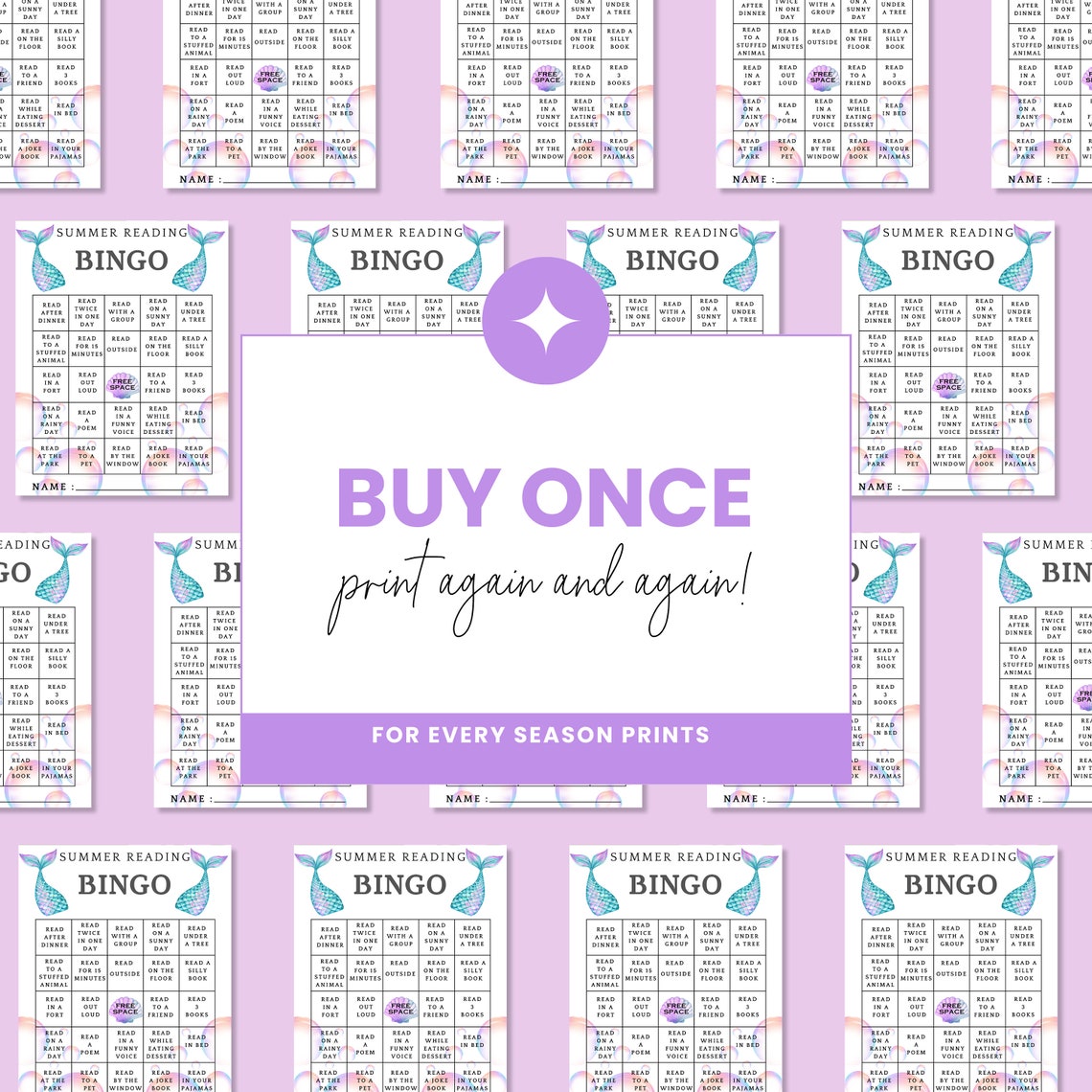 Mermaid Summer Reading Bingo for Kids: Printable Book Tracker (digital ...