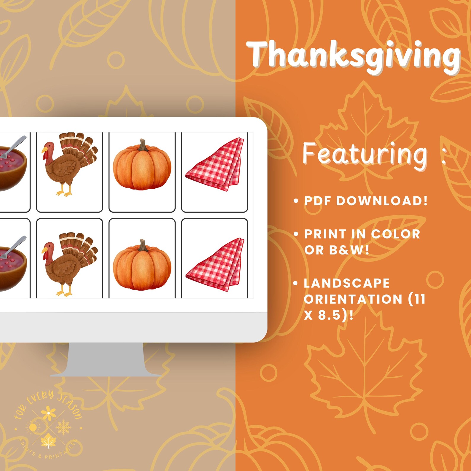 Thanksgiving Memory Matching Game: Printable Preschool Activity ...