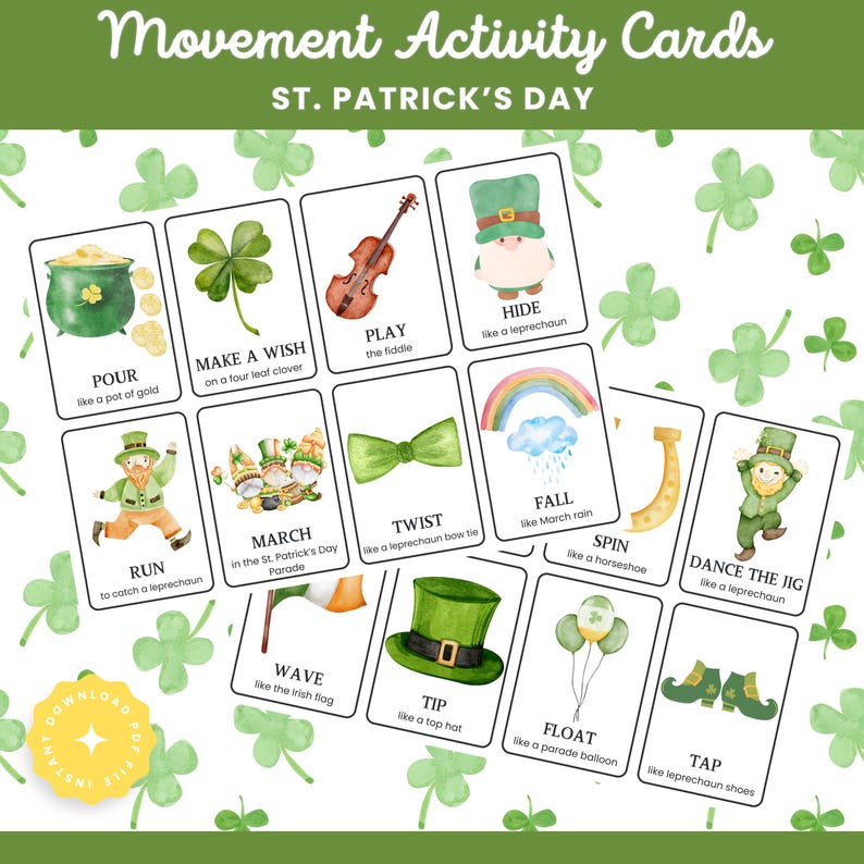 Movement Flash Cards, St. Patrick's Day Movement Cards, Flash Cards, St ...