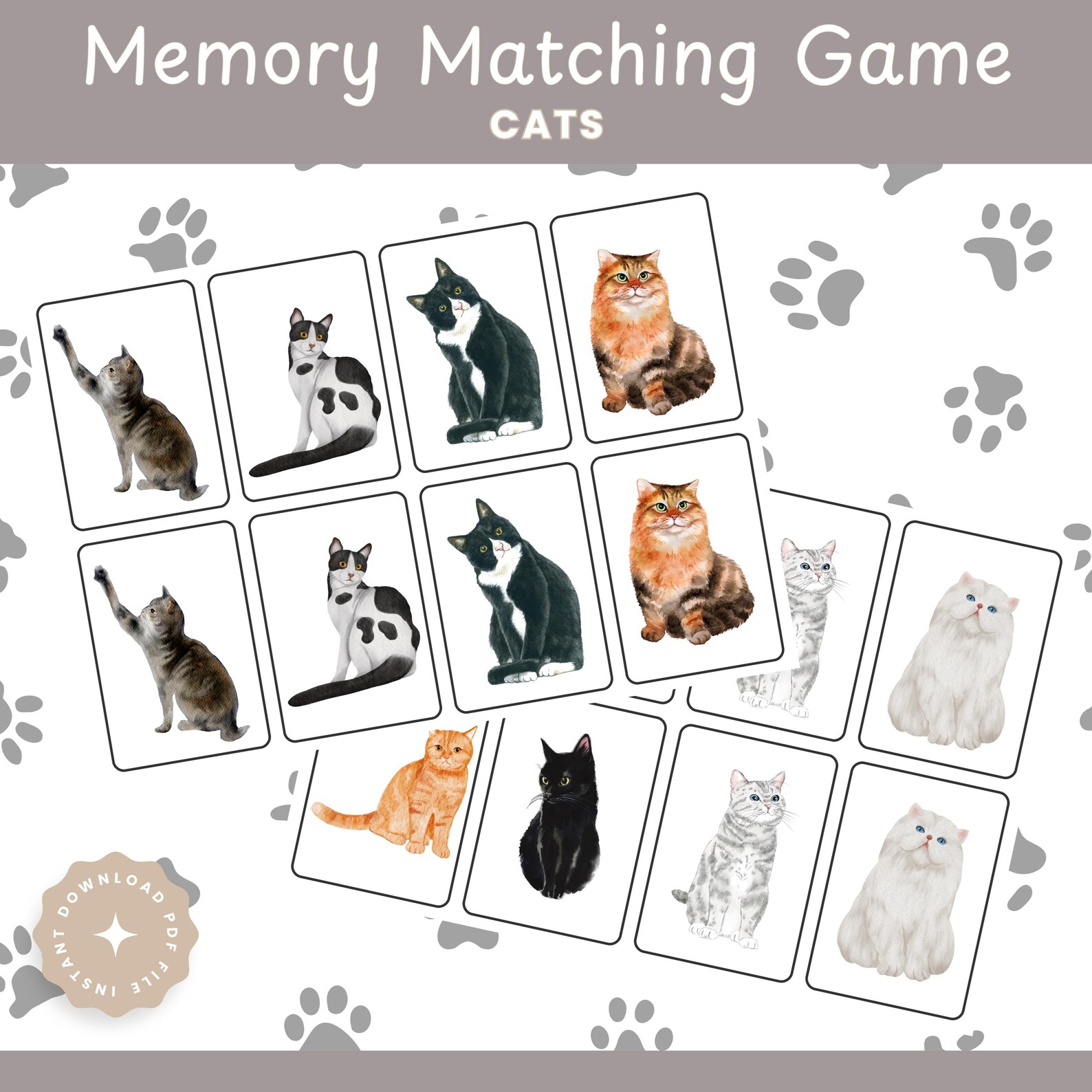 Cats Memory Matching Game: Printable Flash Cards for Kids (digital ...