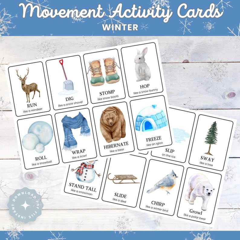 Movement Flash Cards, Winter Movement Cards, Flash Cards, Flash Cards ...