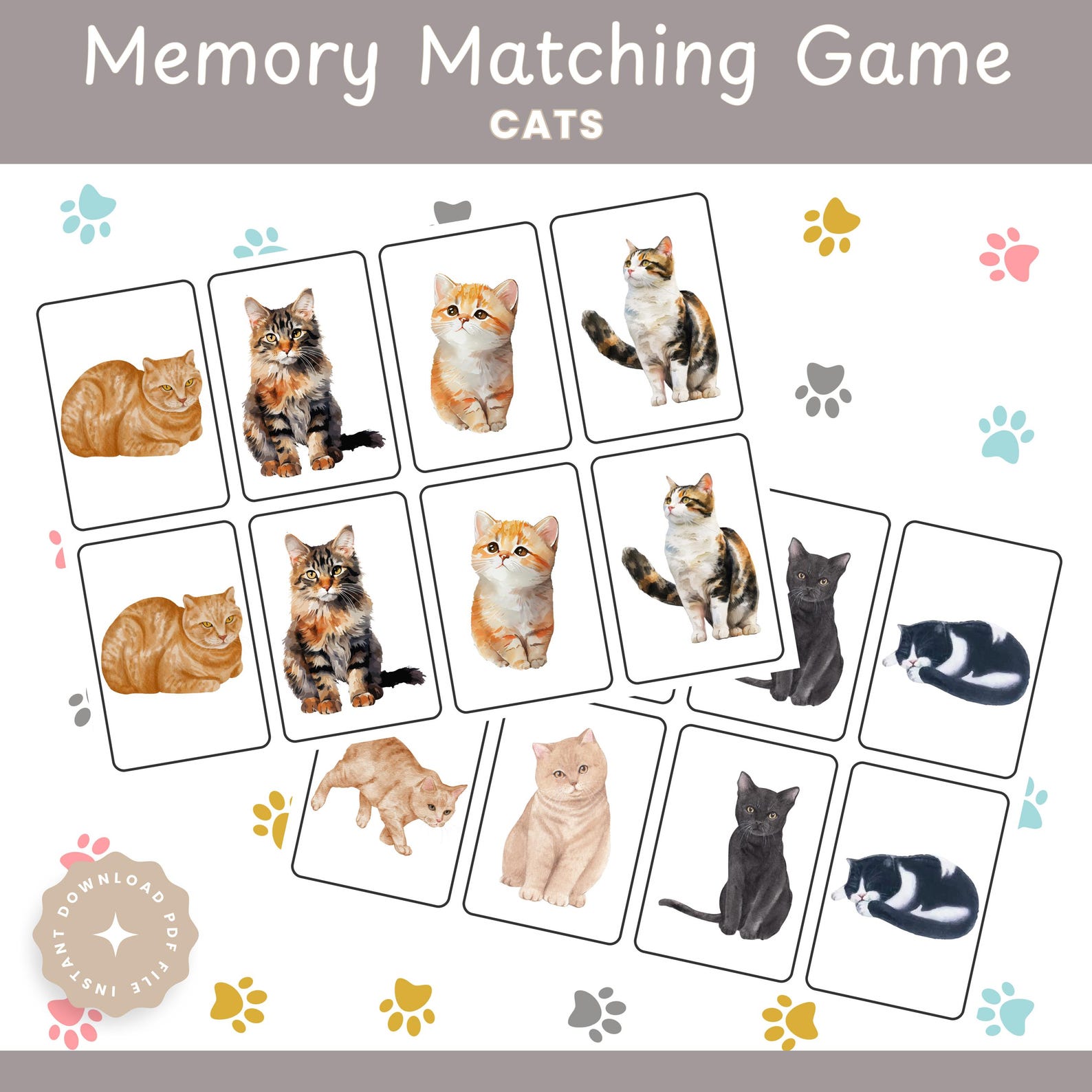Cats Memory Matching Game: Printable Flash Cards for Kids (digital ...