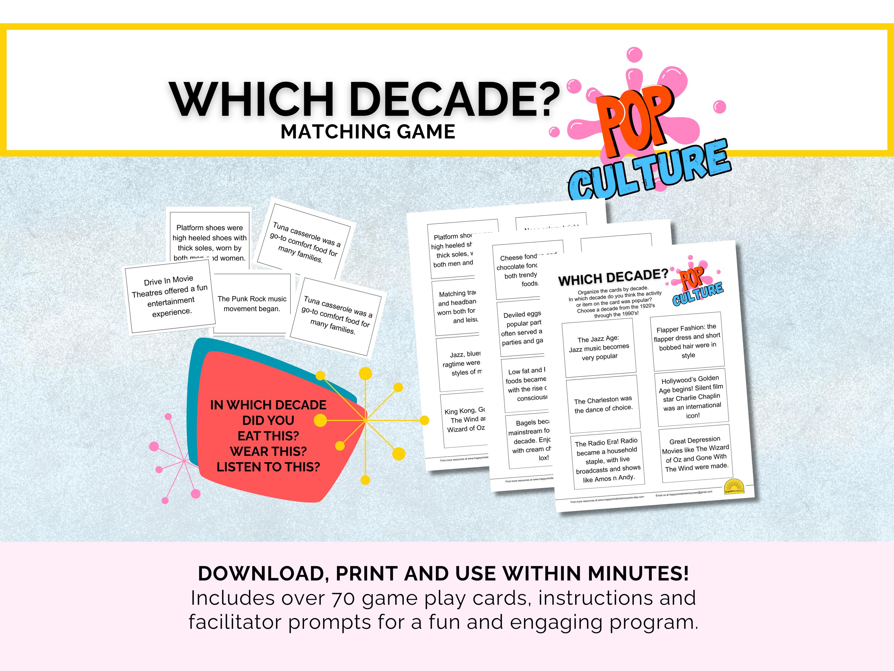 Guess the Decade Trivia Game, Pop Culture Printable Dementia Memory ...