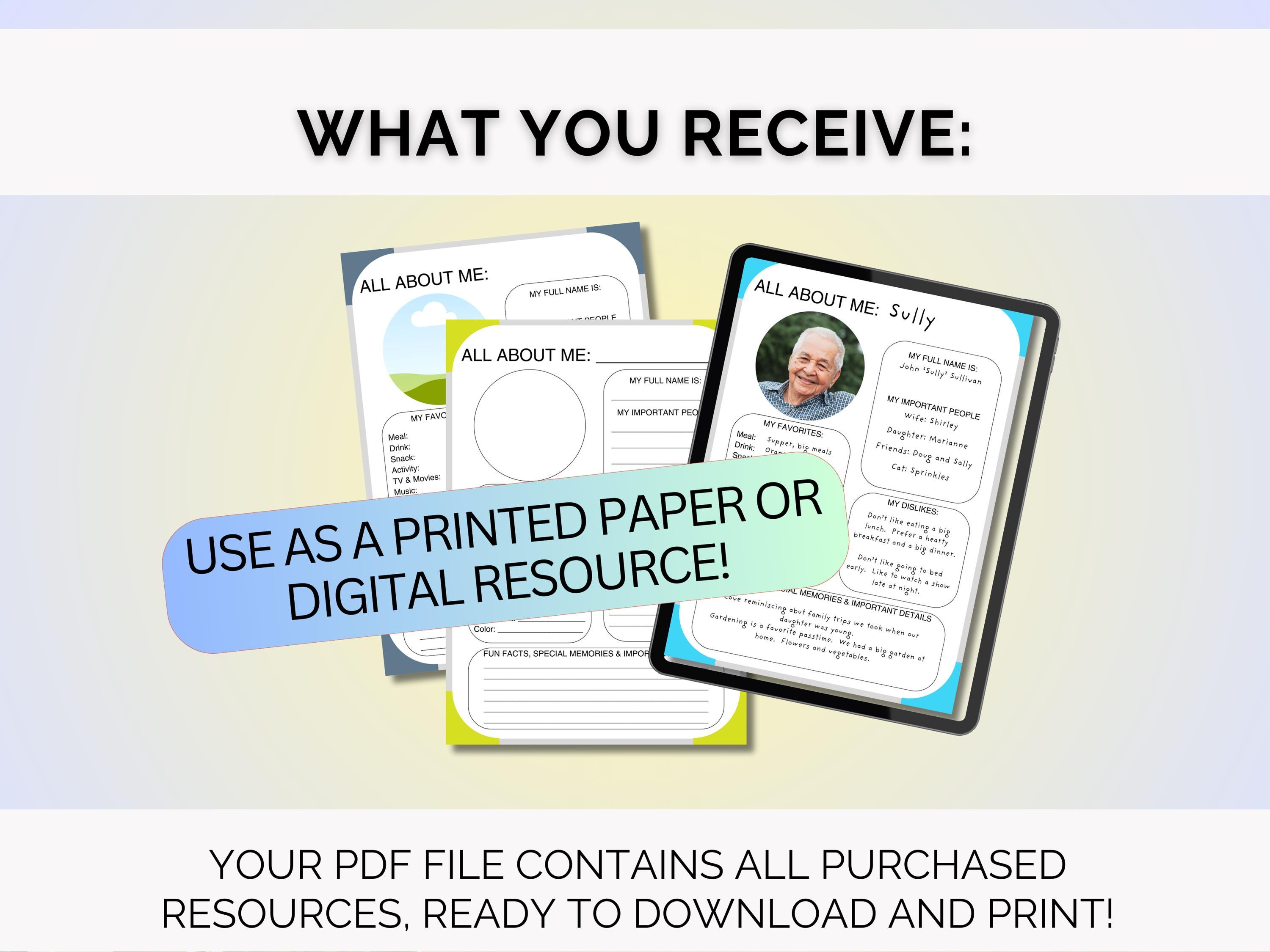 ALL ABOUT ME Getting to Know Me Poster, Printable Dementia Care ...