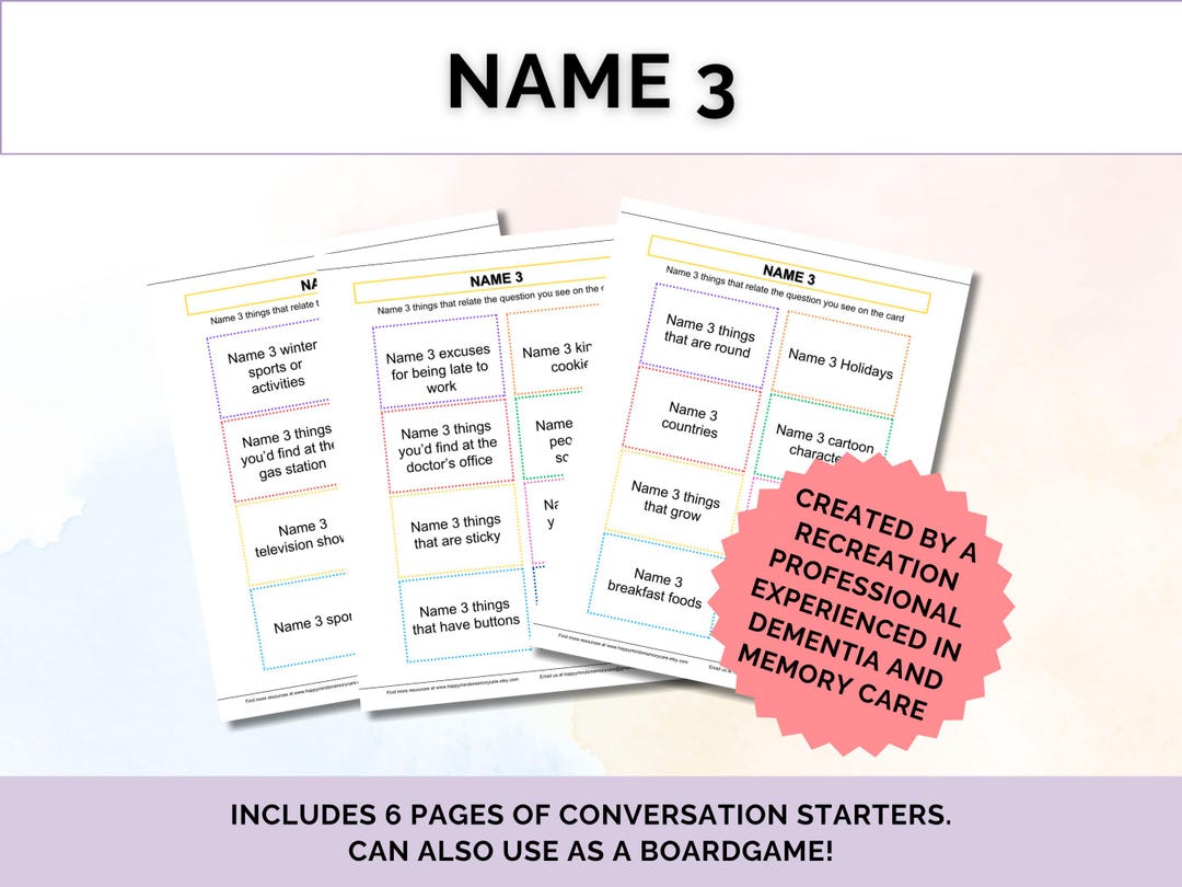 Name 3 Word Game, Printable Dementia Memory Care Game for Seniors ...