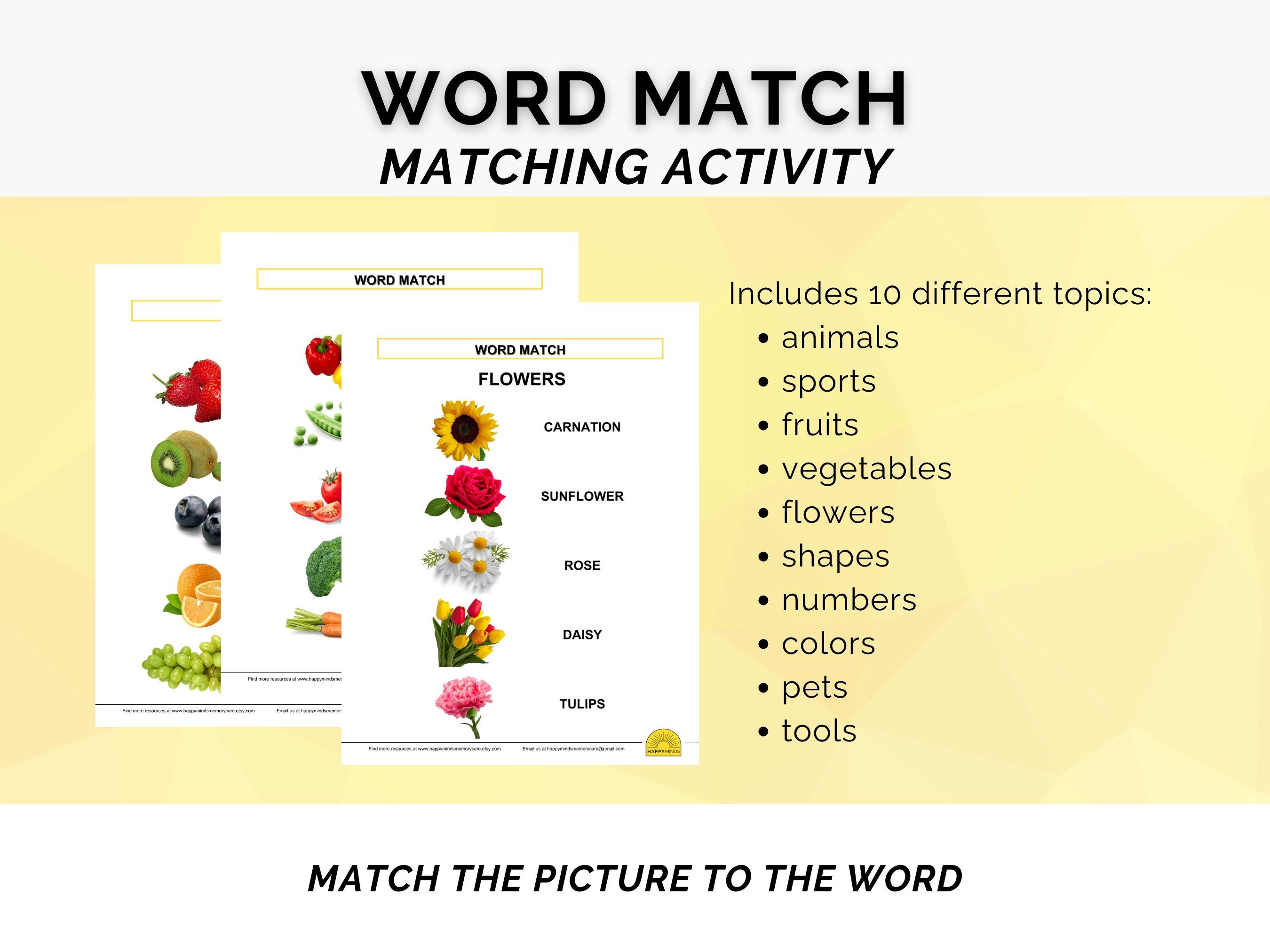 Word and Picture Matching Game, Printable Dementia Memory Care Game for ...
