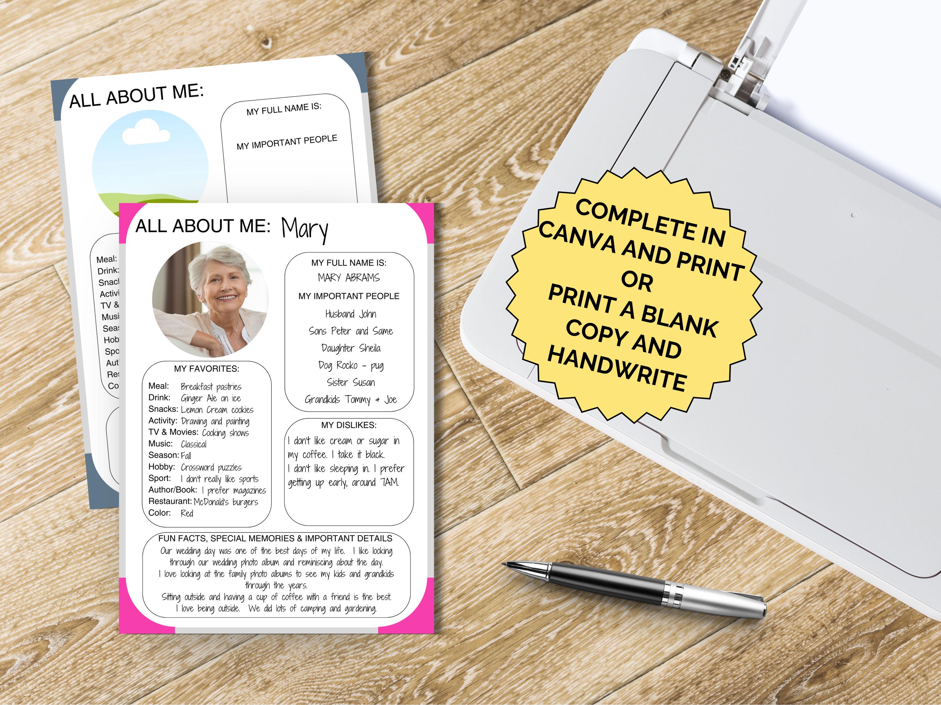 ALL ABOUT ME Getting to Know Me Poster, Printable Dementia Care ...