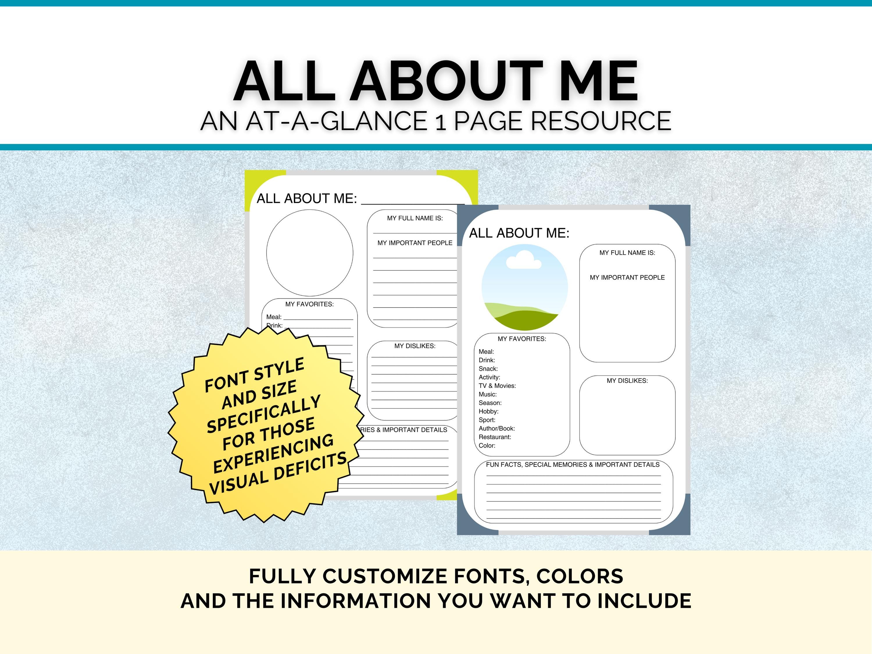 ALL ABOUT ME Getting to Know Me Poster, Printable Dementia Care ...