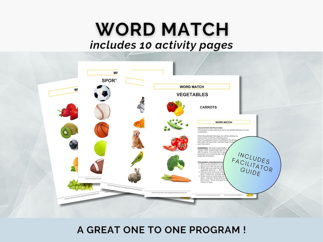 Word and Picture Matching Game, Printable Dementia Memory Care Game for ...