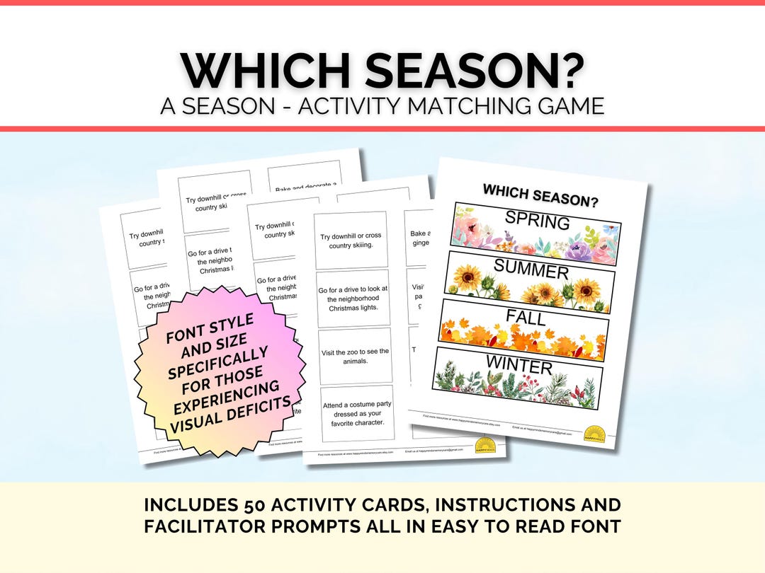 Seasons Matching Game, Printable Dementia Memory Care Game for Seniors ...